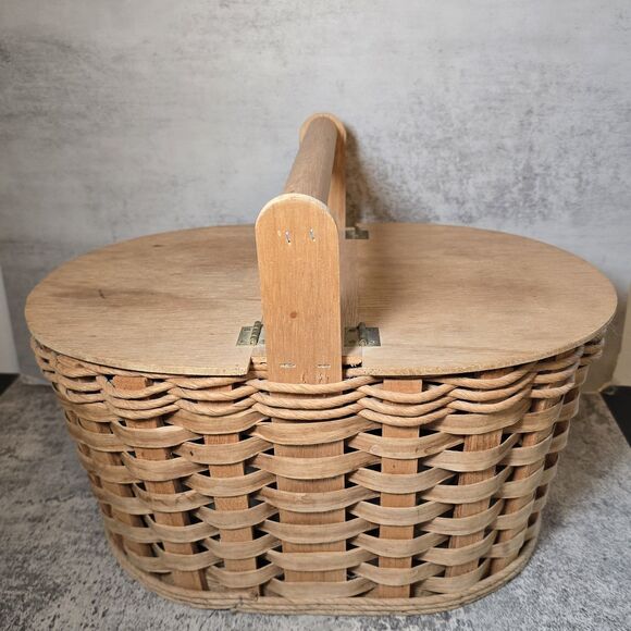 Vintage | Kitchen | Vtg Picnic Basket Natural Wood Woven Split Wicker ...